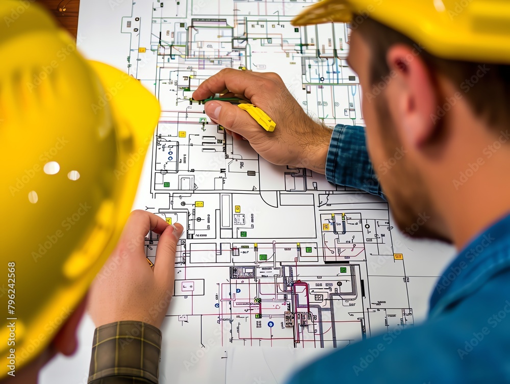 Electrician explaining a wiring diagram to an apprentice, focus on the ...