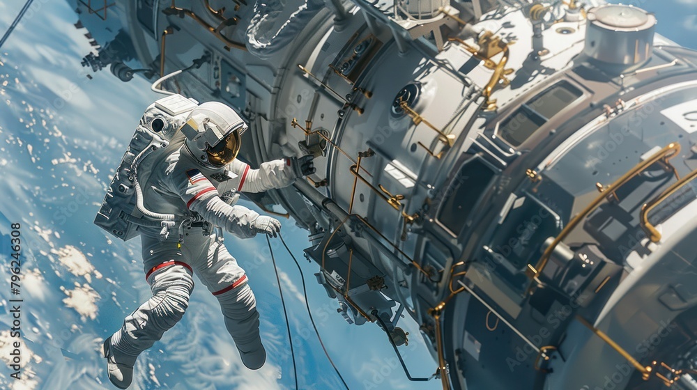 astronauts performing a spacewalk outside a nuclear-powered spacecraft ...