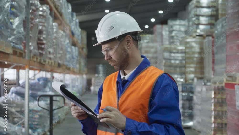 Logistics Manager With Checklist Inspects Storage In Warehouse. Goods ...