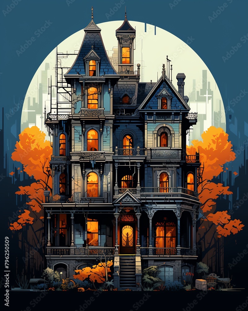 Illustrate a delicate Victorian mansion from a unique rear view ...