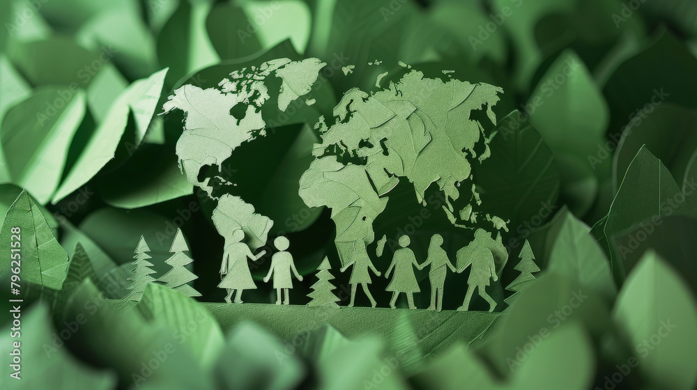 Illustration of a paper-cut world map with human figures and trees ...