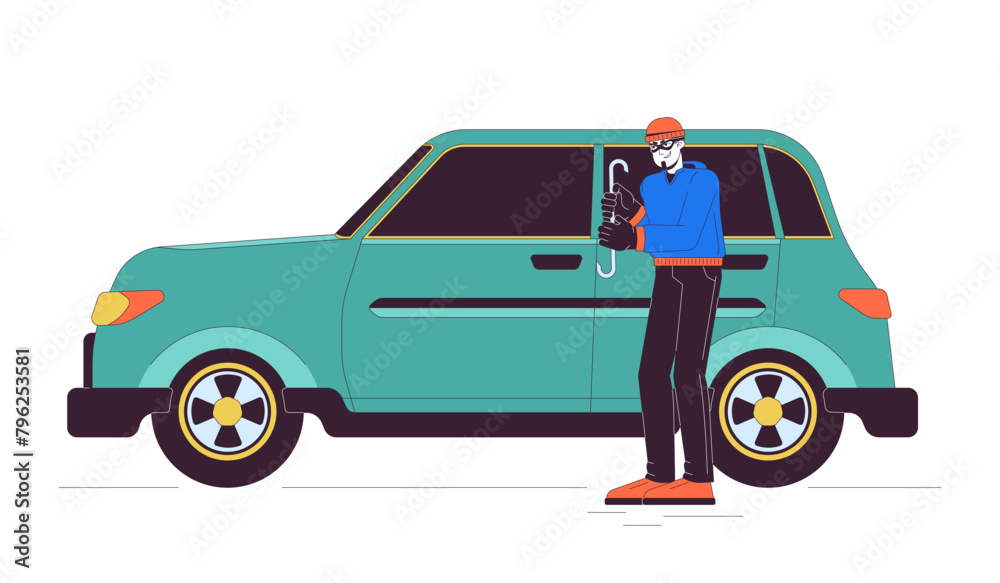 Thief breaking into car line cartoon flat illustration. Caucasian ...