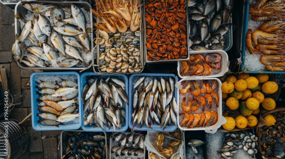 Overhead shot of a coastal seafood market with rows of freshly caught ...