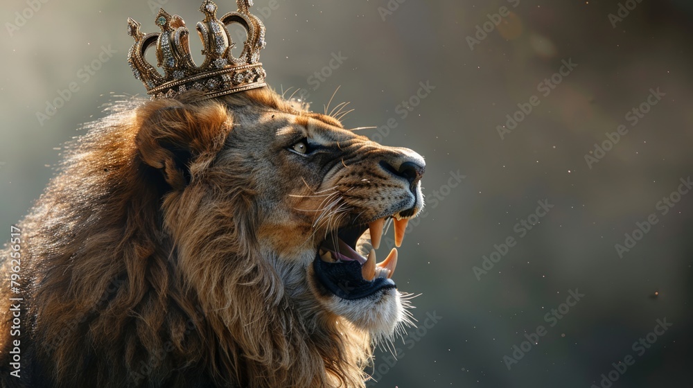 Brave lion wearing a crown roars majestically on a white stage Stock ...