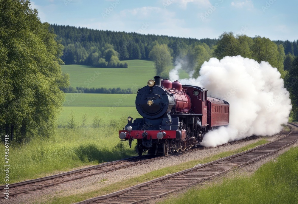 'german historical train sprin steam fields passes old railroad cotton ...
