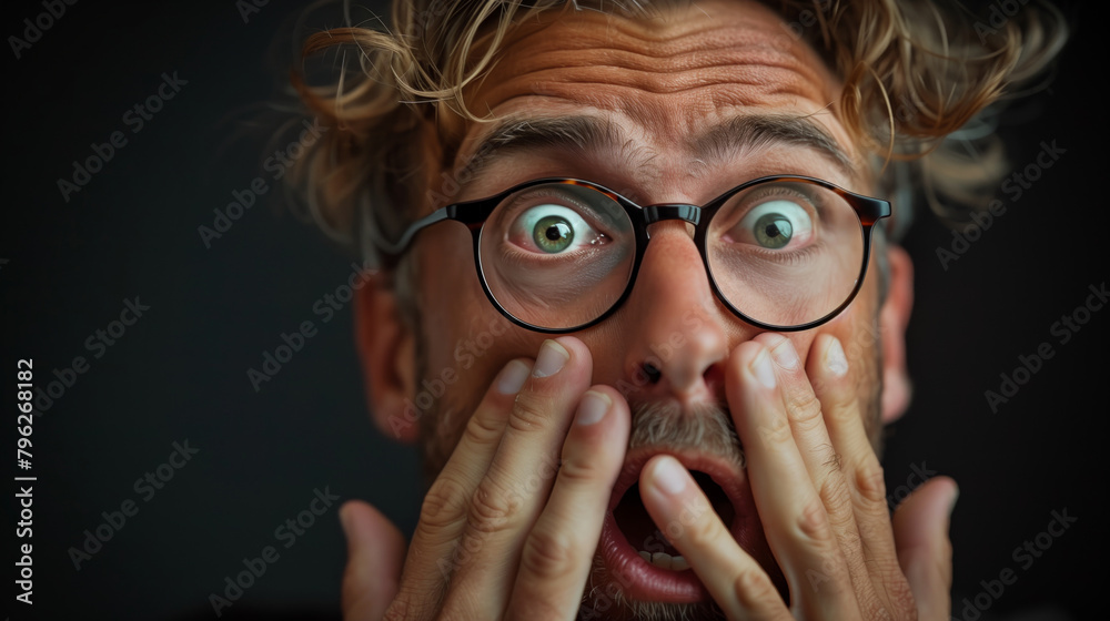 A man with glasses is making a funny face and covering his mouth. a ...
