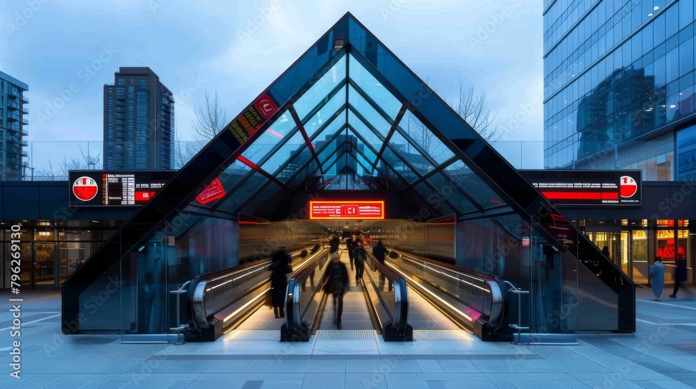 The exterior of a modern subway station, its sleek architecture and ...