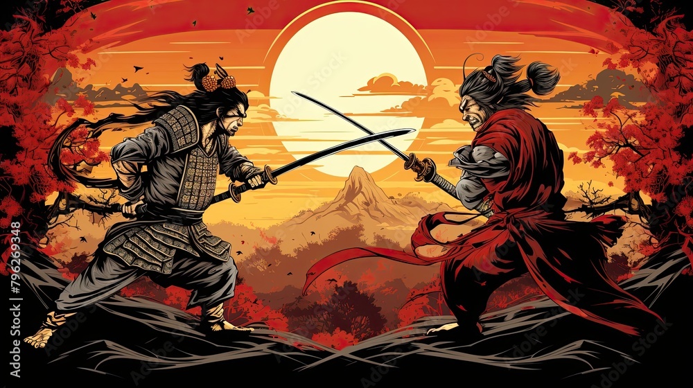 Legendary samurai duel between two skilled warriors. Painting in ...