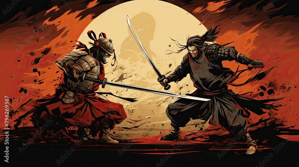 Legendary samurai duel between two skilled warriors. Painting in ...