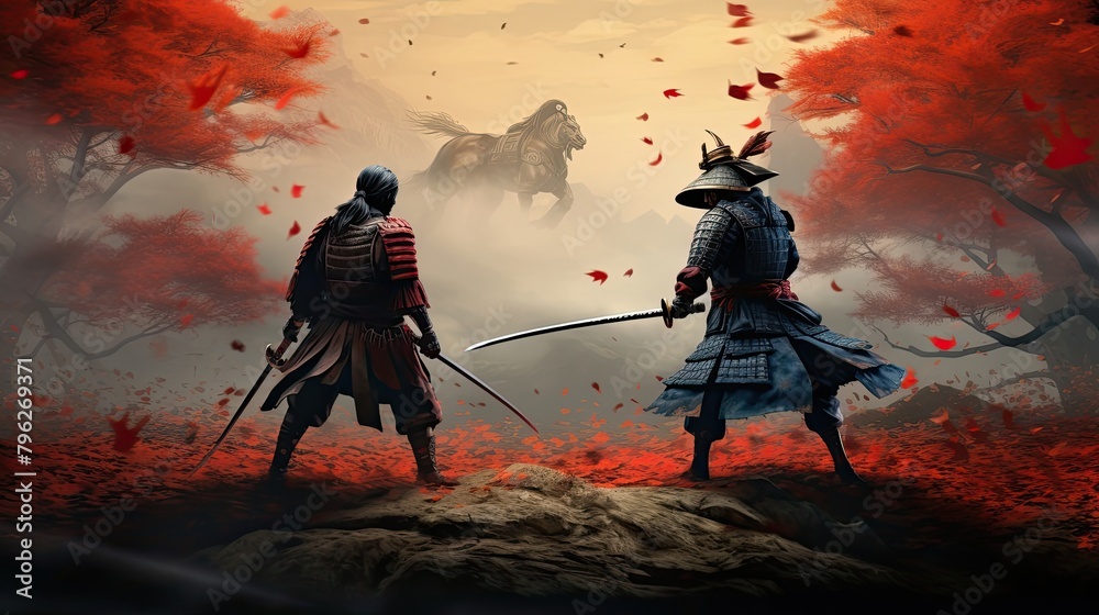 Legendary samurai duel between two skilled warriors. Painting in ...