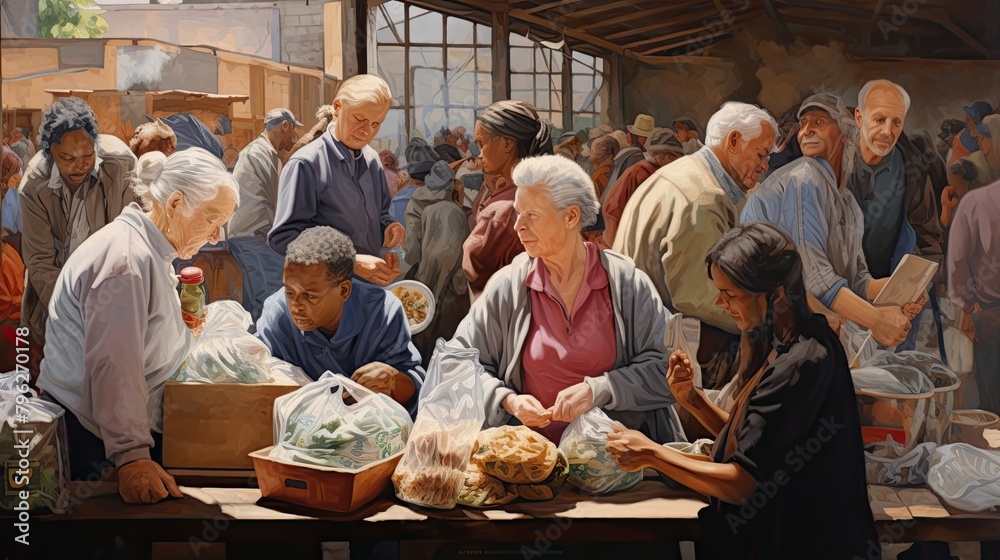 The poor community gathers at the local food bank. South, misery ...