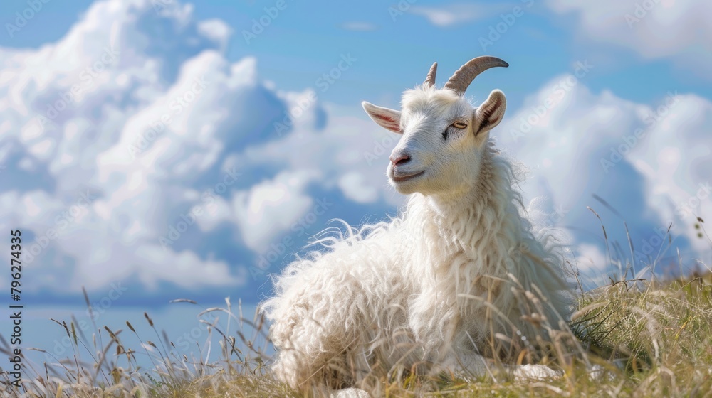 Angora Buck Grazing in Open Field. Domesticated Goat in Nature with Sky ...