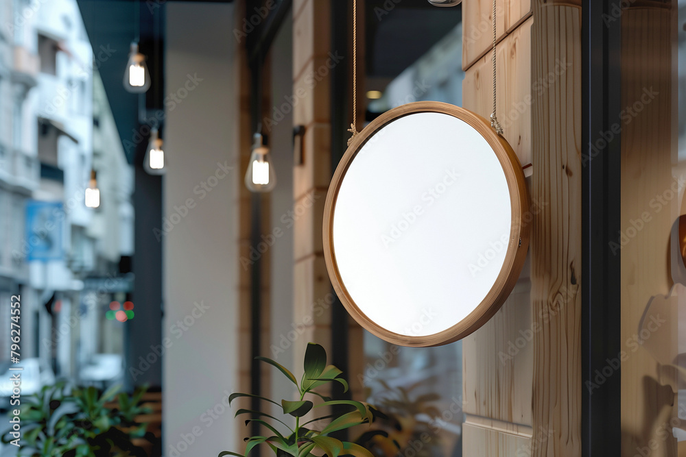 Circular blank storefront sign with a wooden frame, suspended on a ...