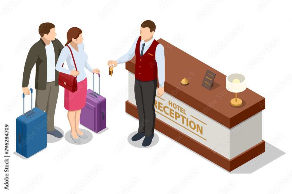 Isometric Hotel Reception Interior. Reception Desk. Man Receptionist ...