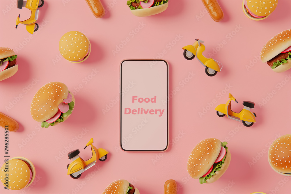 Flat lay food delivery concept, featuring a scooter and mobile app ...