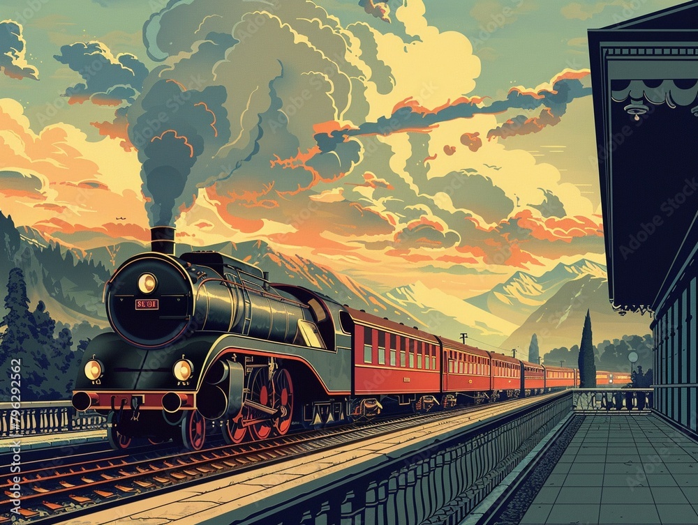 Create a vintageinspired illustration of a train travel agency ...