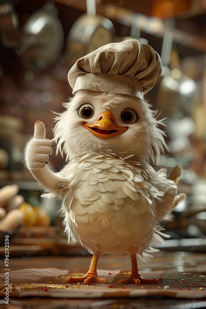 Create an animated white chicken decked out in a chefs hat, flashing a ...