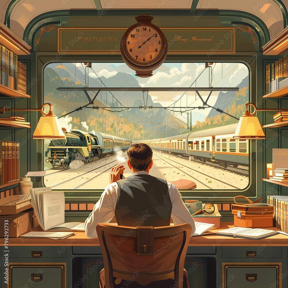 Design an illustration of a vintage train travel agency, perfect for ...