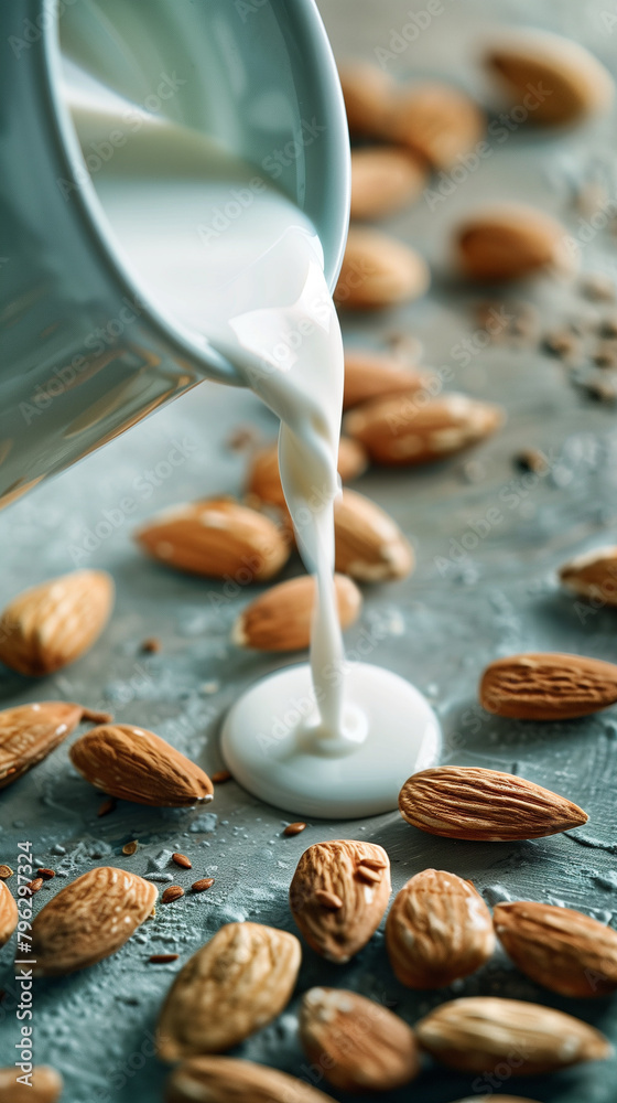 Captured in detailed product photography, almond milk cascades ...
