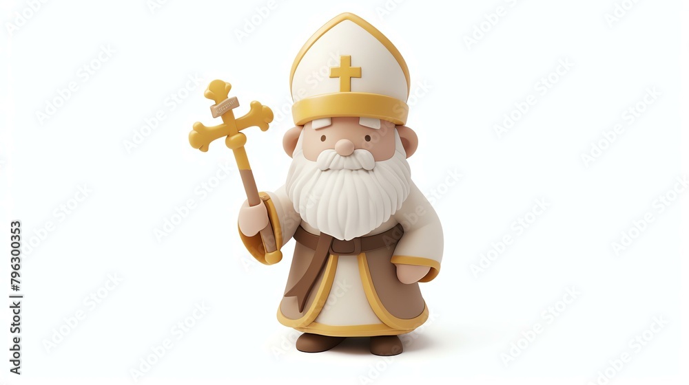 3D rendering of a cute cartoon bishop. He is wearing a mitre and ...