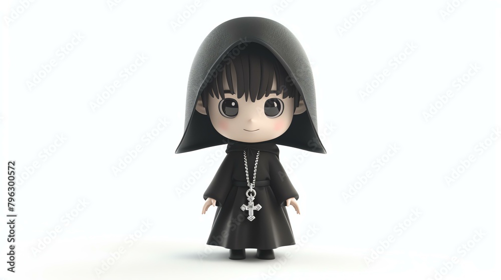 Little boy dressed as a priest with black robe and hood, 3d rendering ...