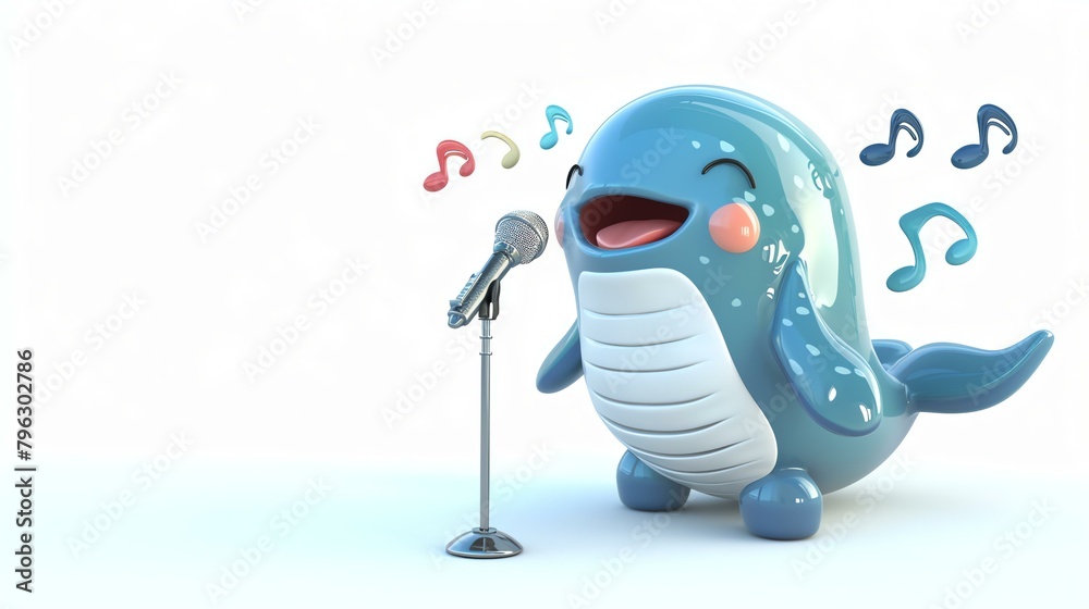 Cute and happy blue whale cartoon character singing into a microphone ...