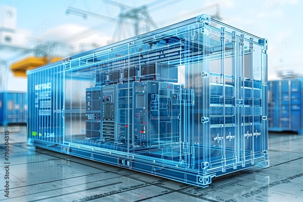 3D Blueprint of a Modular Data Center Container Showcasing Internal ...