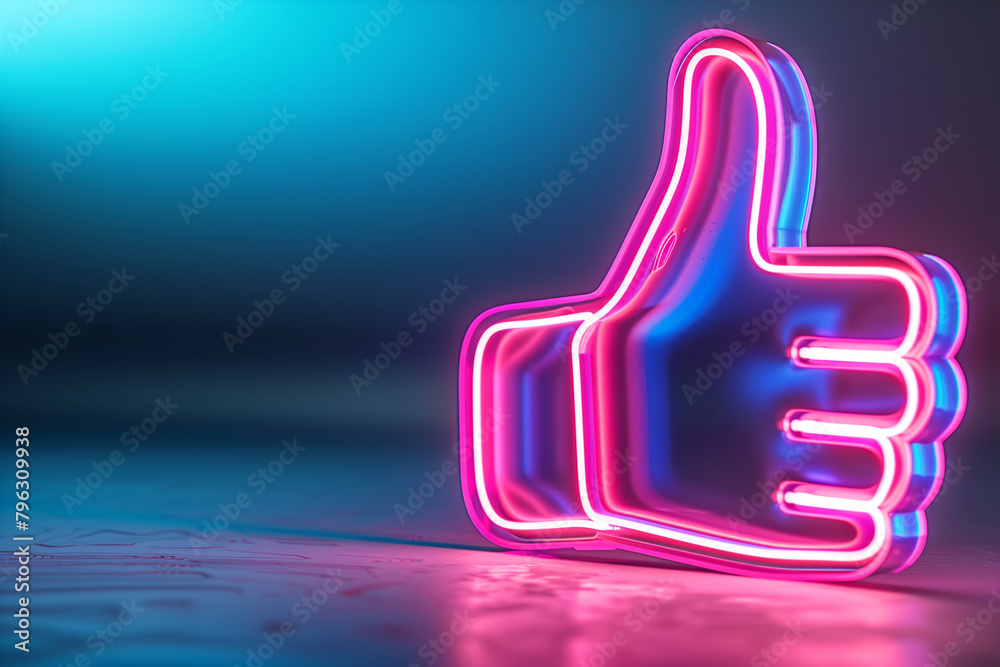 Neon 3d hand thumb up, like symbol. Good feedback, positivity concept ...