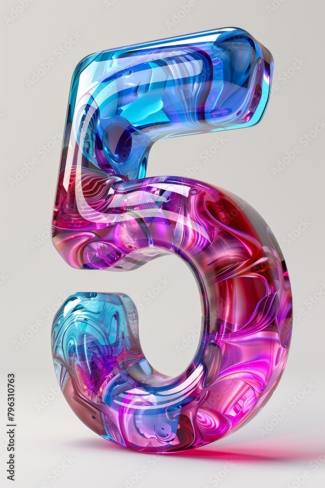 a number "5" icon with a color transparent glass texture, created using ...