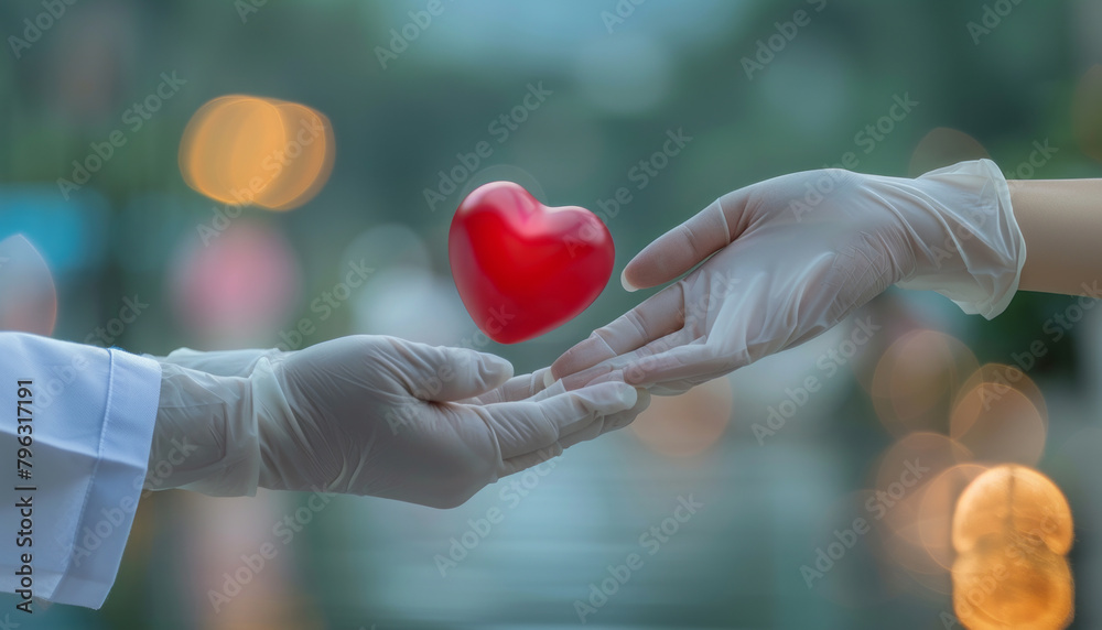 Heart transplant and organ donation concept. Hand is giving red heart ...