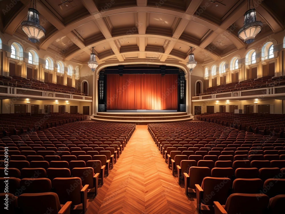 A classic auditorium filled with rows of seating and a grand stage ...