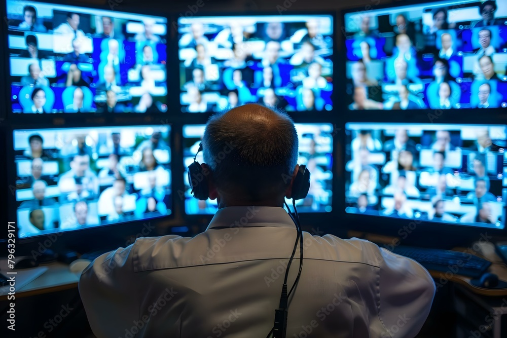 Man monitors multiple computer screens in a security control room. Concept Security Monitoring ...
