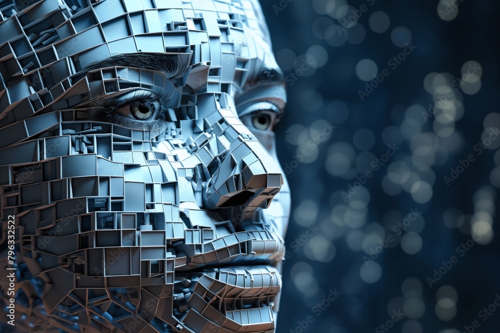 humanoid face with 3D cubes and shapes, and particles around her face ...