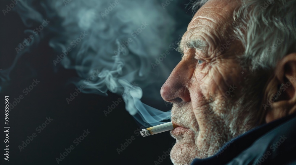 Elderly man smoking a cigarette with smoke drifting in the air. World ...