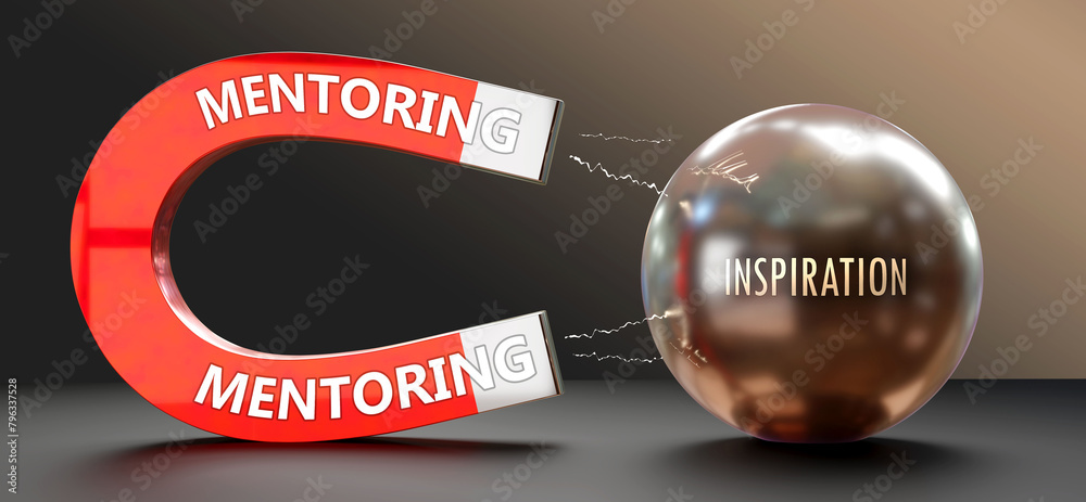 Mentoring attracts Inspiration. A metaphor showing mentoring as a big magnet attracting ...