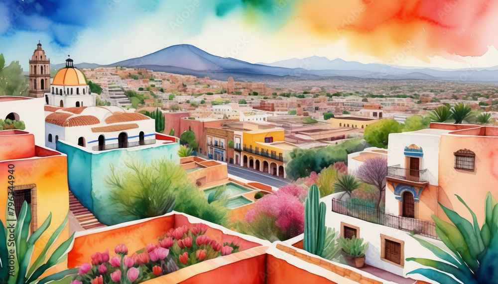 Colorful watercolor painting of a traditional Mexican town with vibrant ...