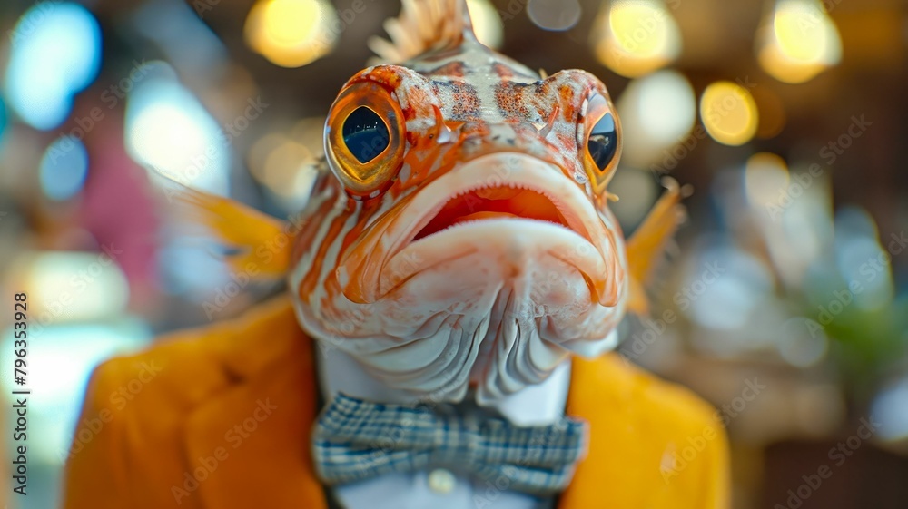 Sleek fish swims through the city currents, adorned in tailored ...