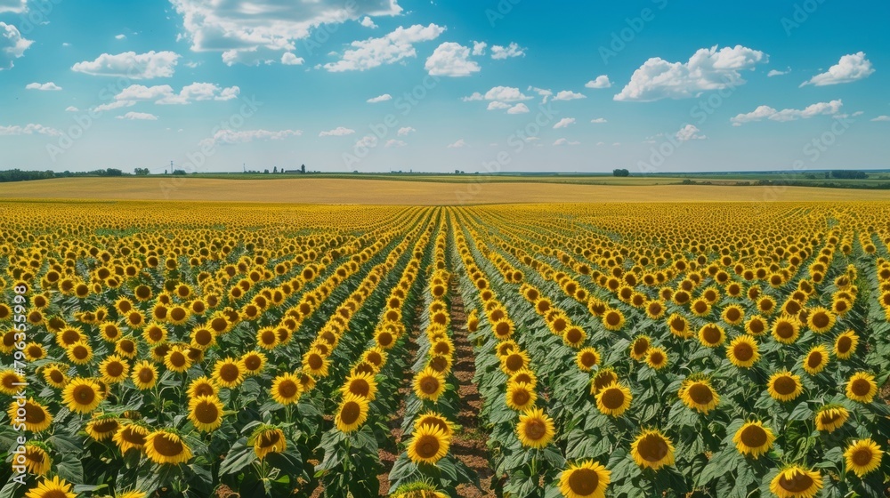 An aerial view of a vast field of sunflowers stretching towards the ...