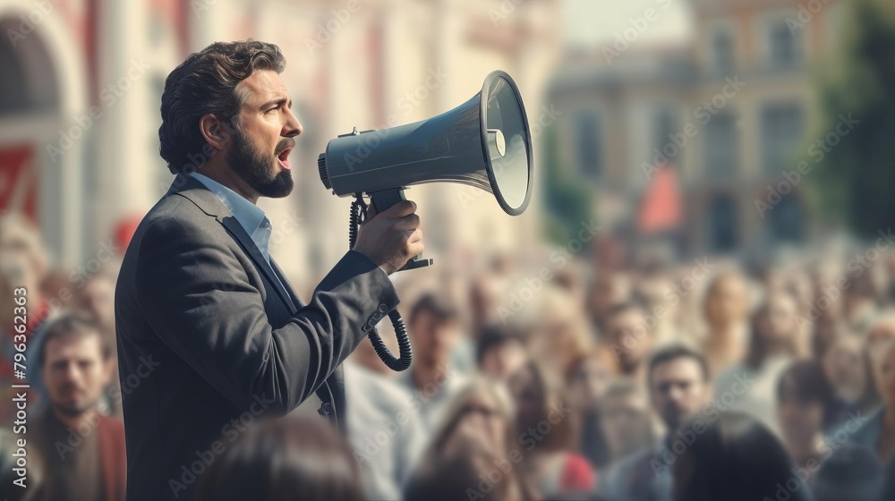 Visual representation of a male speaker campaigning, with a softly ...