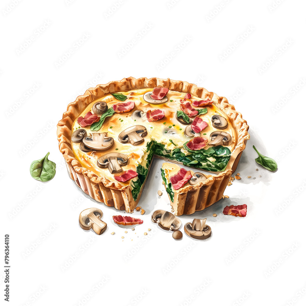 Watercolor illustration of bacon, spinach and mushroom quiche on white ...