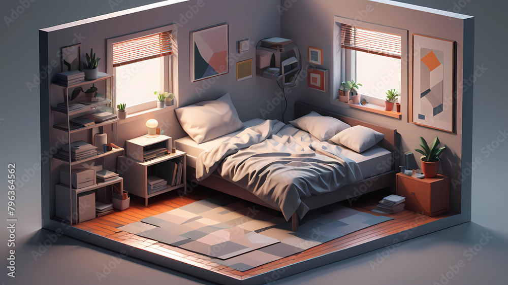 cube cutout of an isometric programmer bedroom, 3d art, muted colors, soft lighting, high detail ...