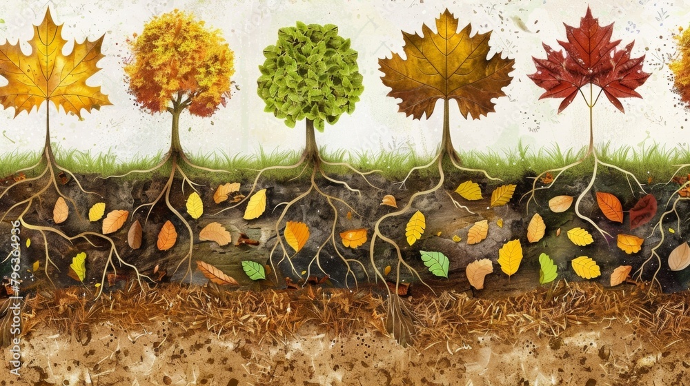 An scene showing the various stages of the nutrient cycle from autumn ...