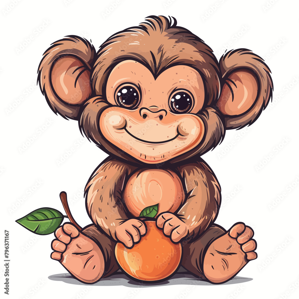 Cute monkey with apple. Cartoon vector illustration isolated on white ...