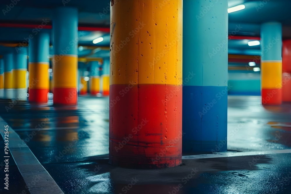 Underground mall parking lot with painted concrete columns. Concept ...