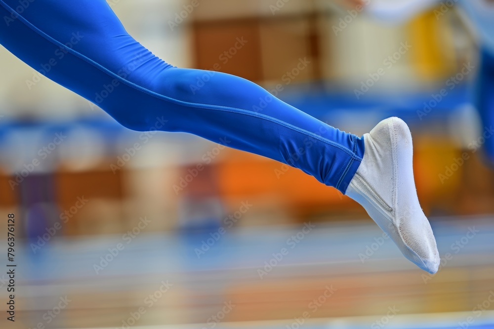 Athletic gymnast executing mid air twist at summer olympics, embodying ...