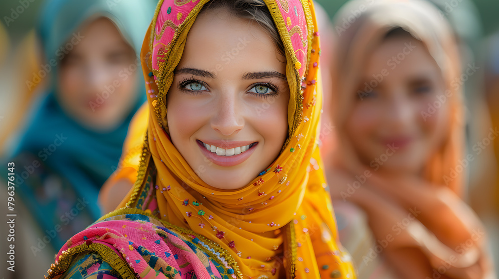 Unity in Diversity, Woman in Hijab Stands Out from Group, Highlighting ...