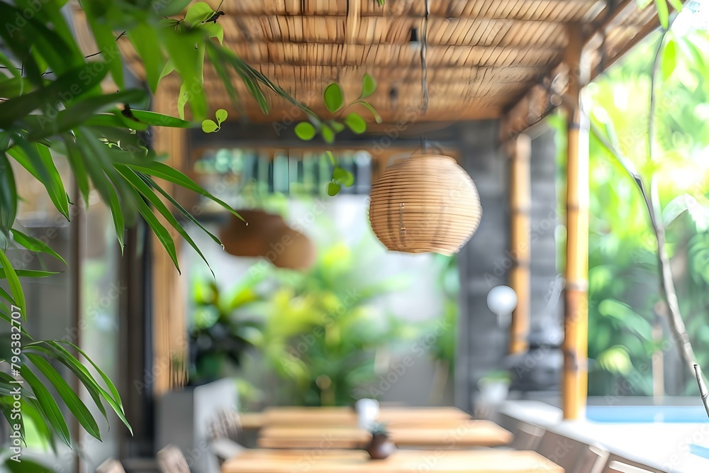 Ecofriendly dining room with bamboo ceiling ceramic floor and plant ...