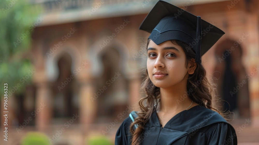 Young Indian woman in a black gown and graduation cap standing in front ...