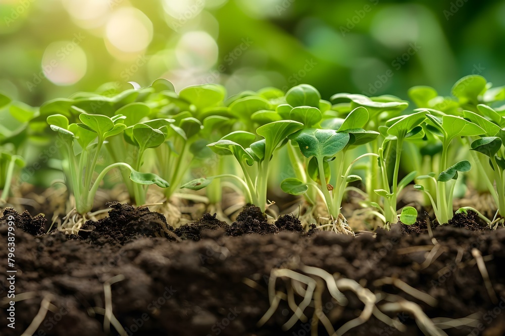 Emergence of New Plant Roots and Green Vegetable Sprouts from the Soil ...
