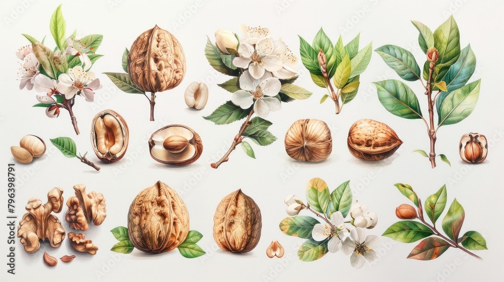 Illustration showing different types of nuts as they grow on their ...